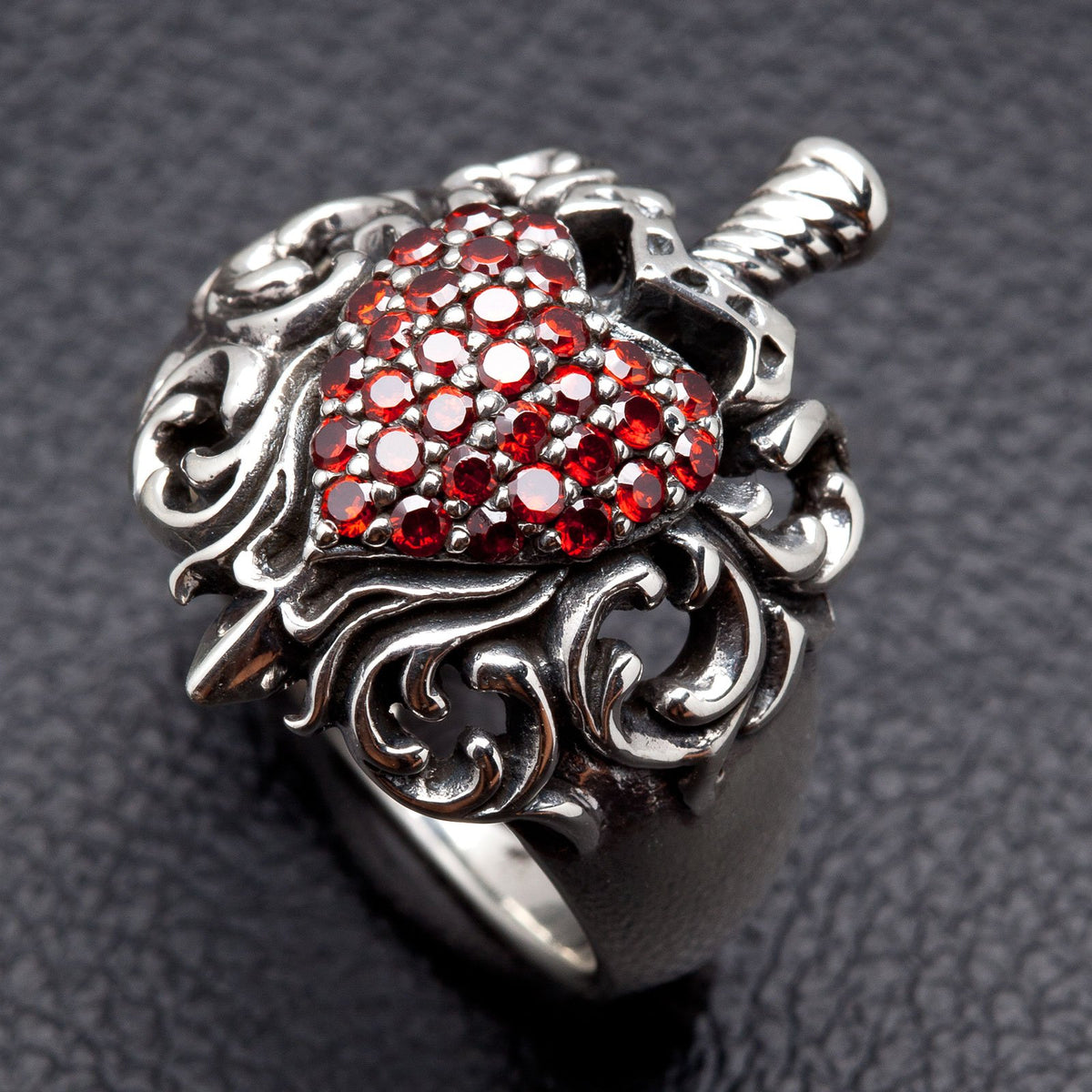 Sterling Silver Gothic Red Heart Dagger Rings